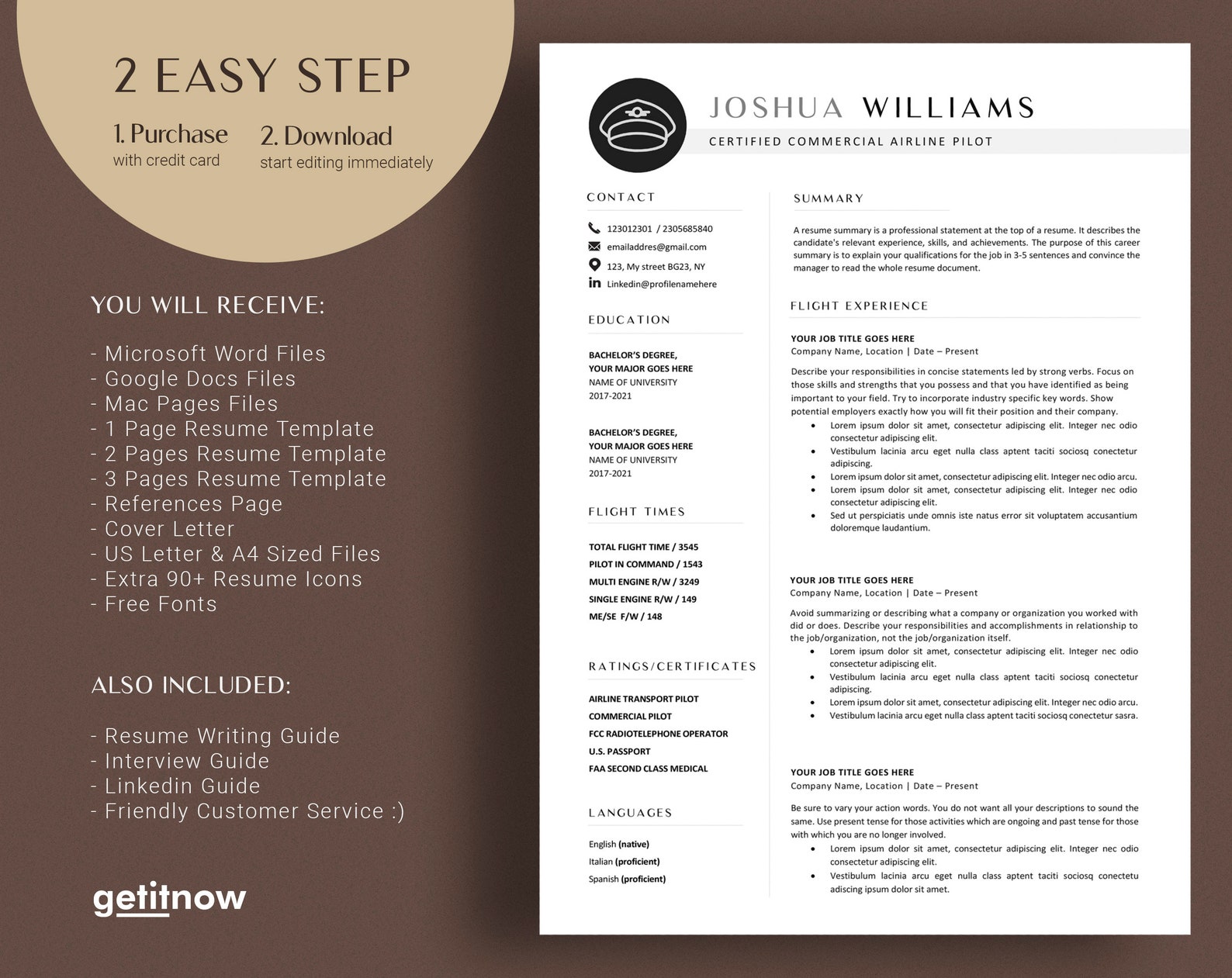 Airline Pilot Resume Template Word, Professional Commercial Pilot Cv ...