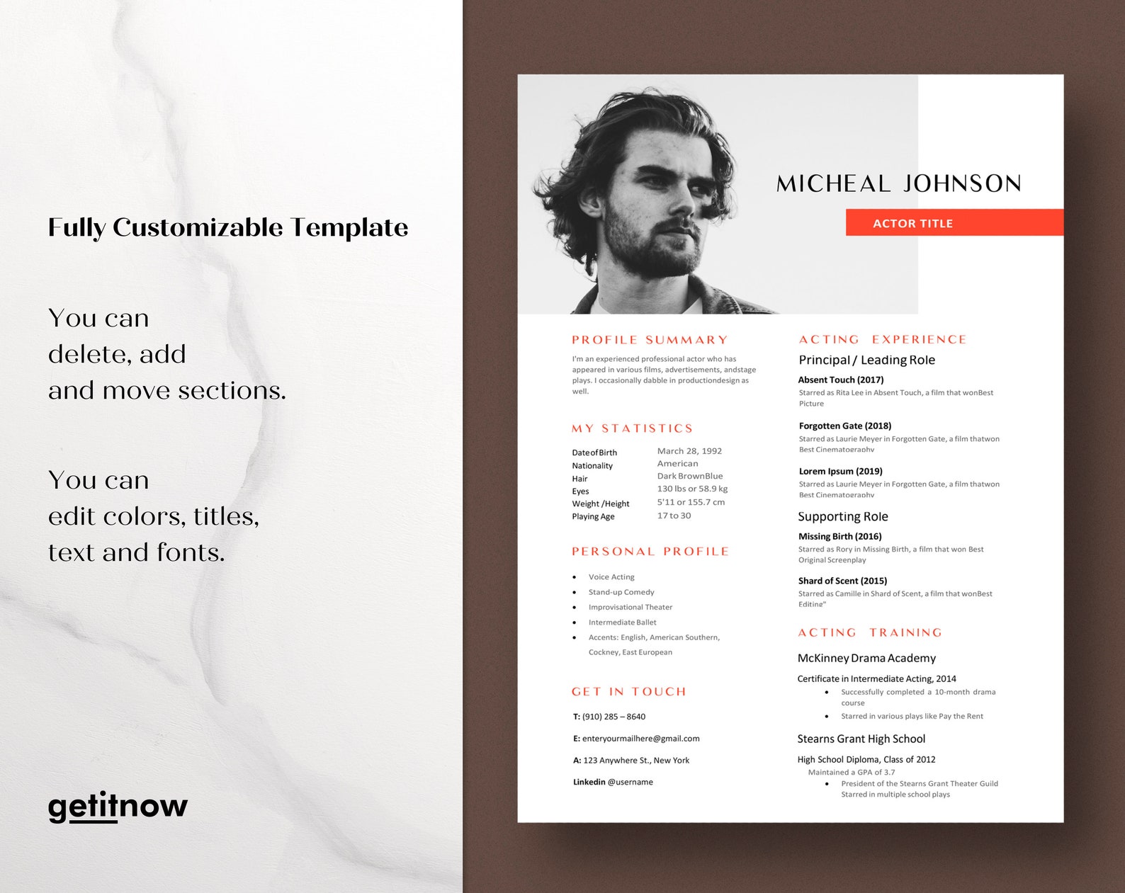 Professional Actor Resume Template Google Docs & Word, Actors Resume ...