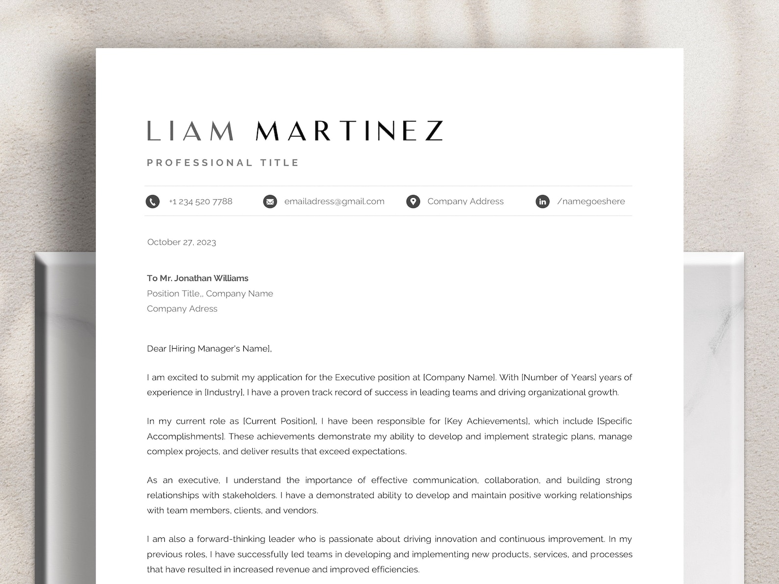 Professional Cover Letter Template for Executive Position, Executive ...