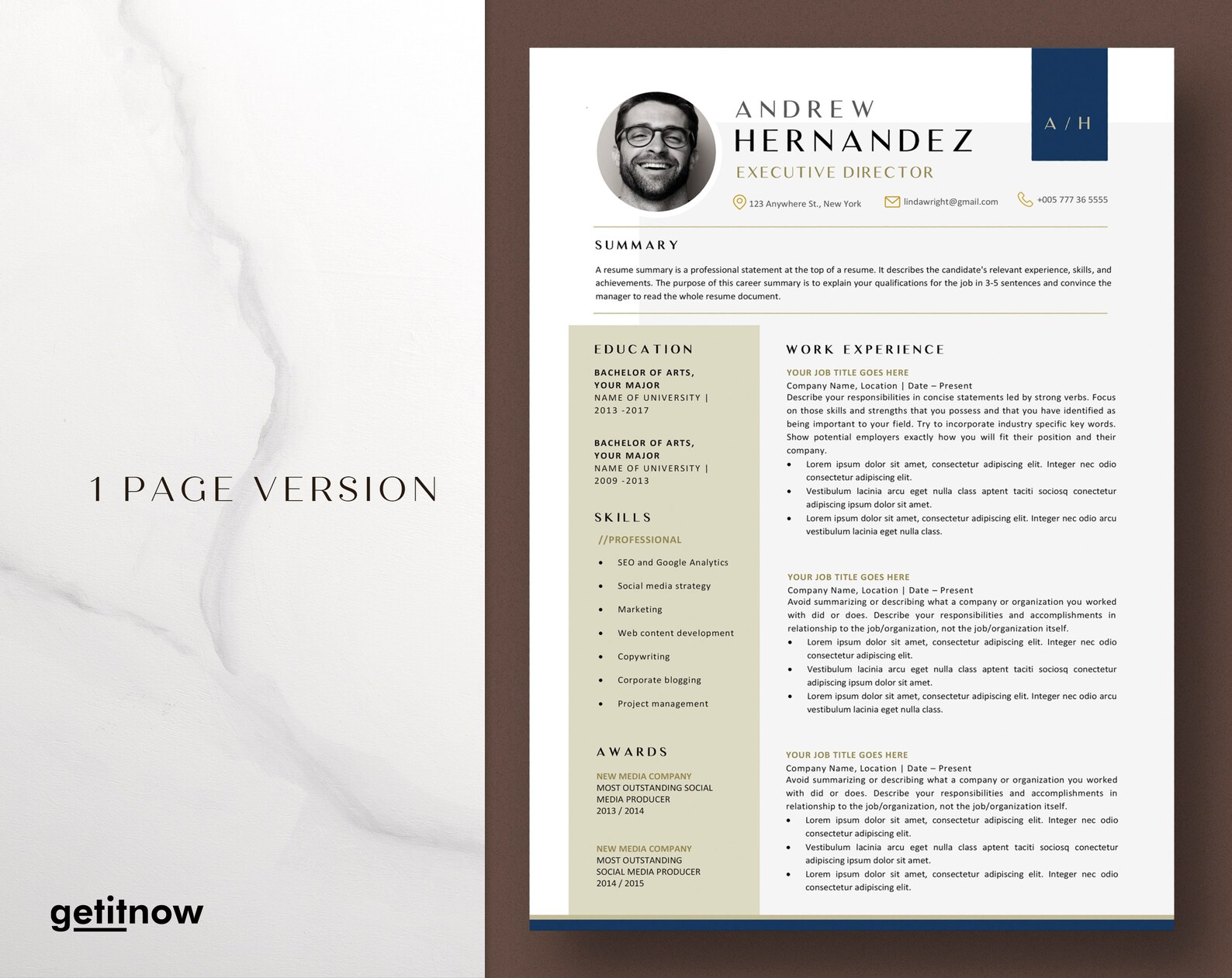 Executive Resume Template Google Docs & Word, Modern Resume, HR Resume ...
