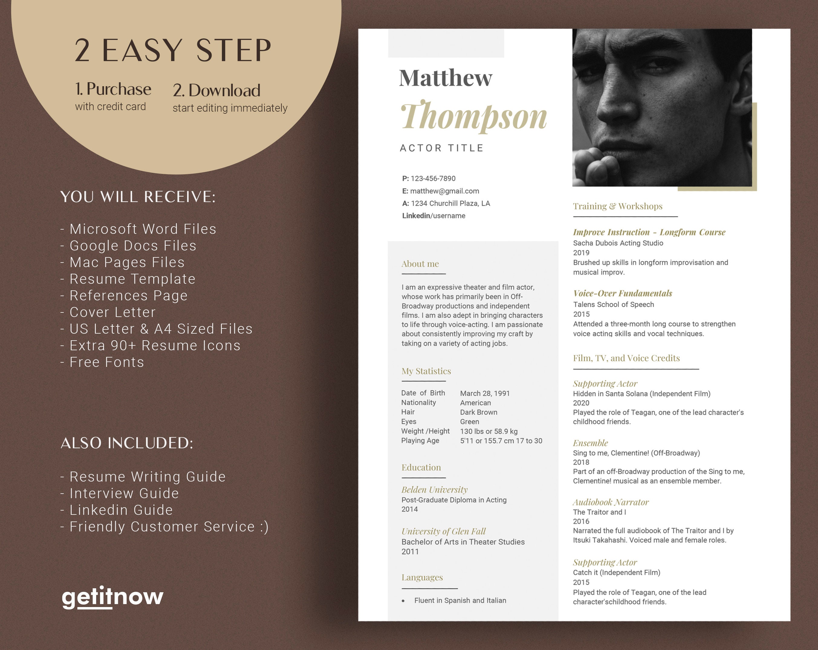Professional Actor Resume Template Google Docs & Word, Actors Resume ...