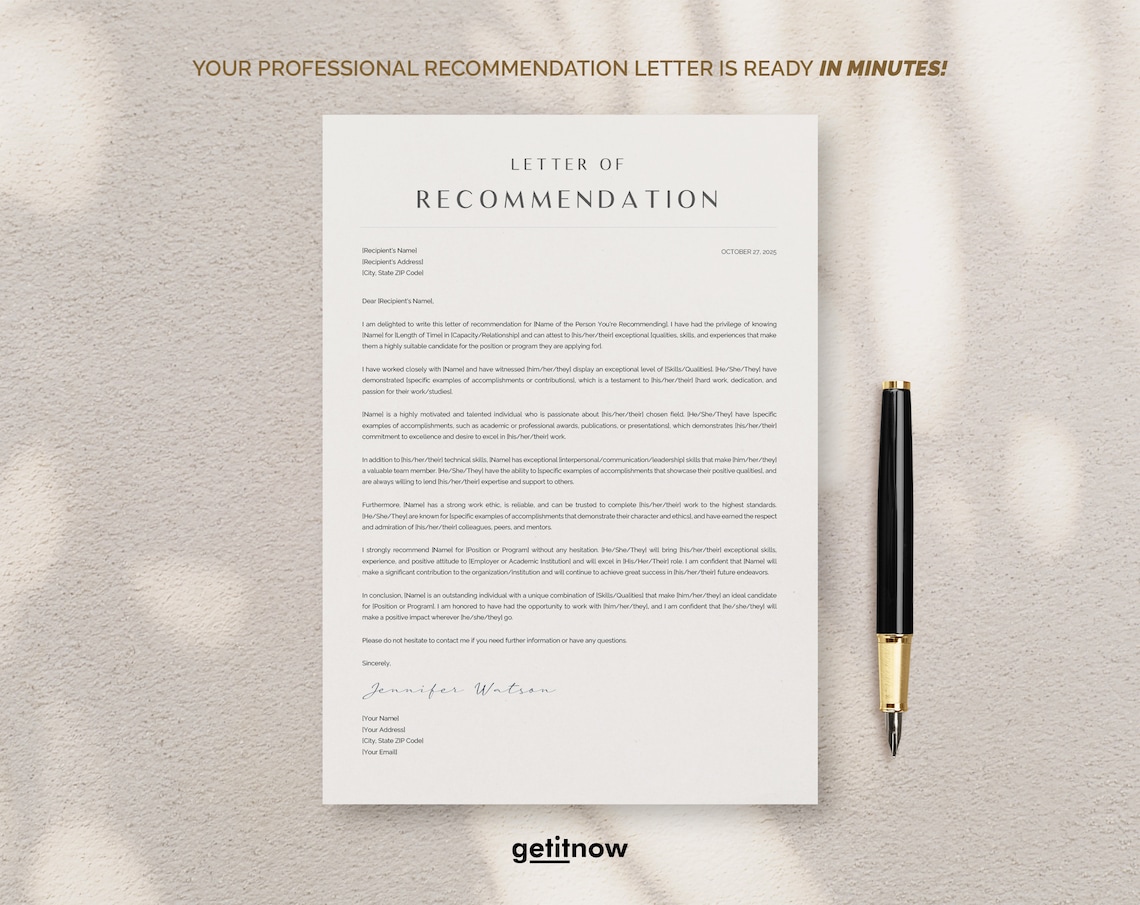 Professional Letter of Recommendation Template, Recommendation Letter ...