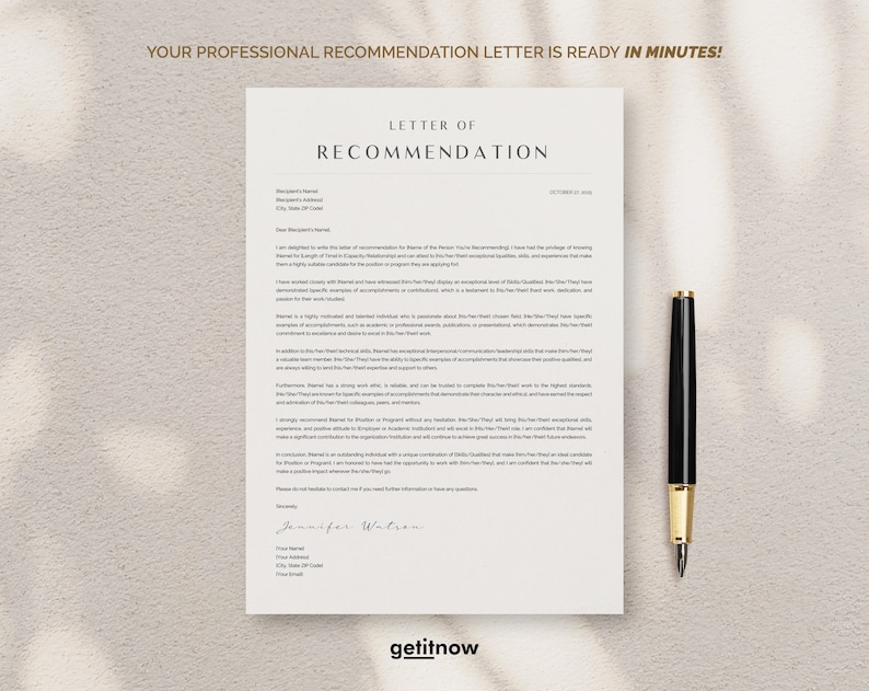 Professional Letter of Recommendation Template, Recommendation Letter ...