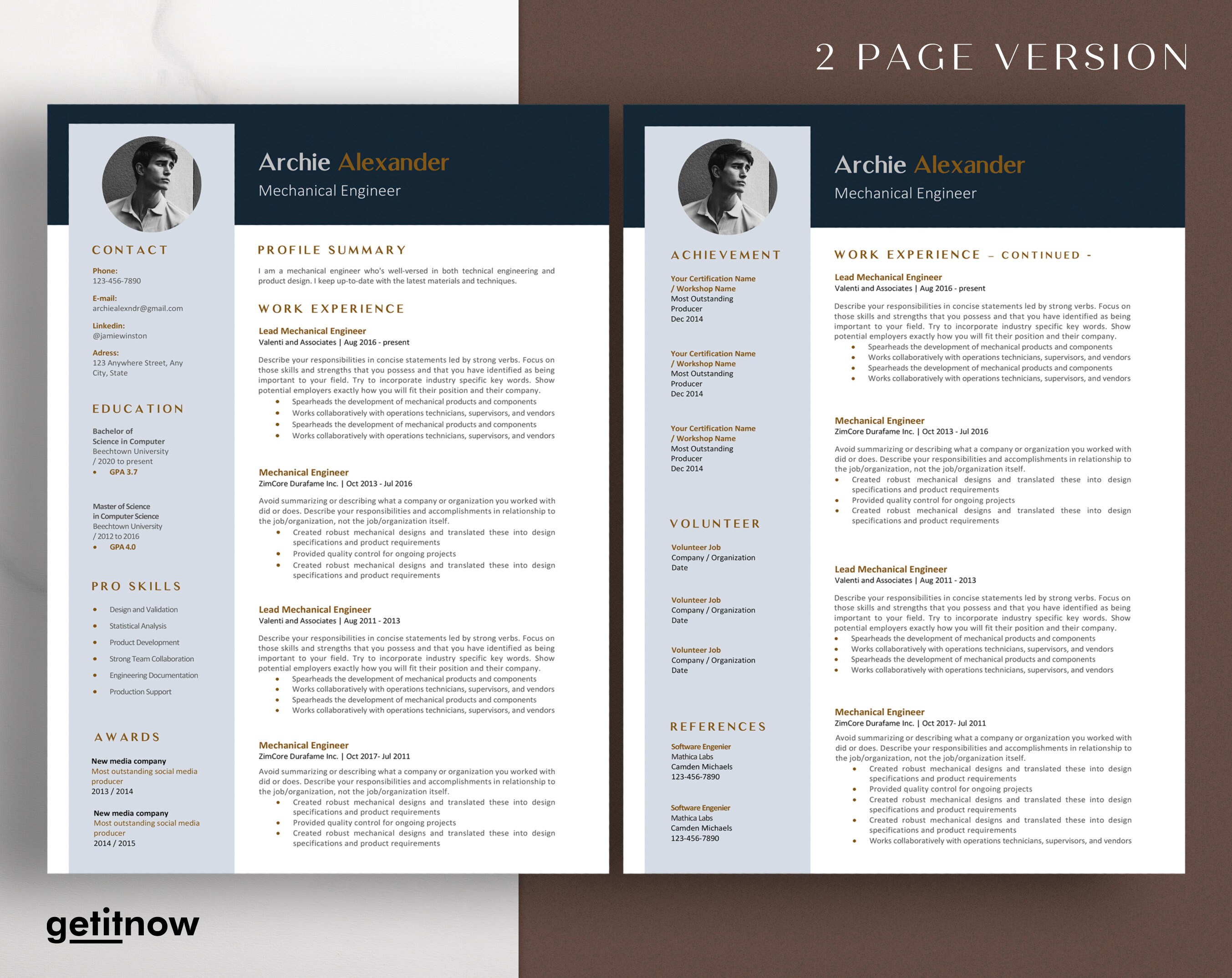 Professional Cv Template With Photo - Modern 2 Page Resume Template ...