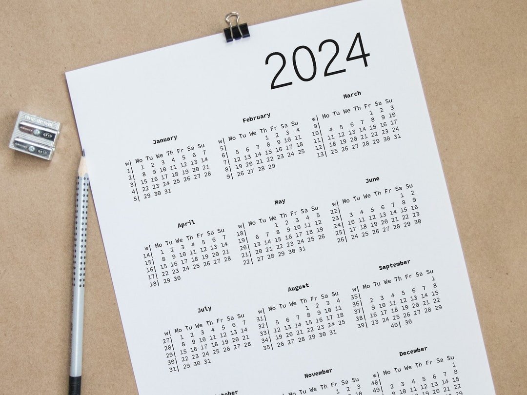 2024 Calendar, Monday Start, Week Number, Yearly Calendar - Etsy