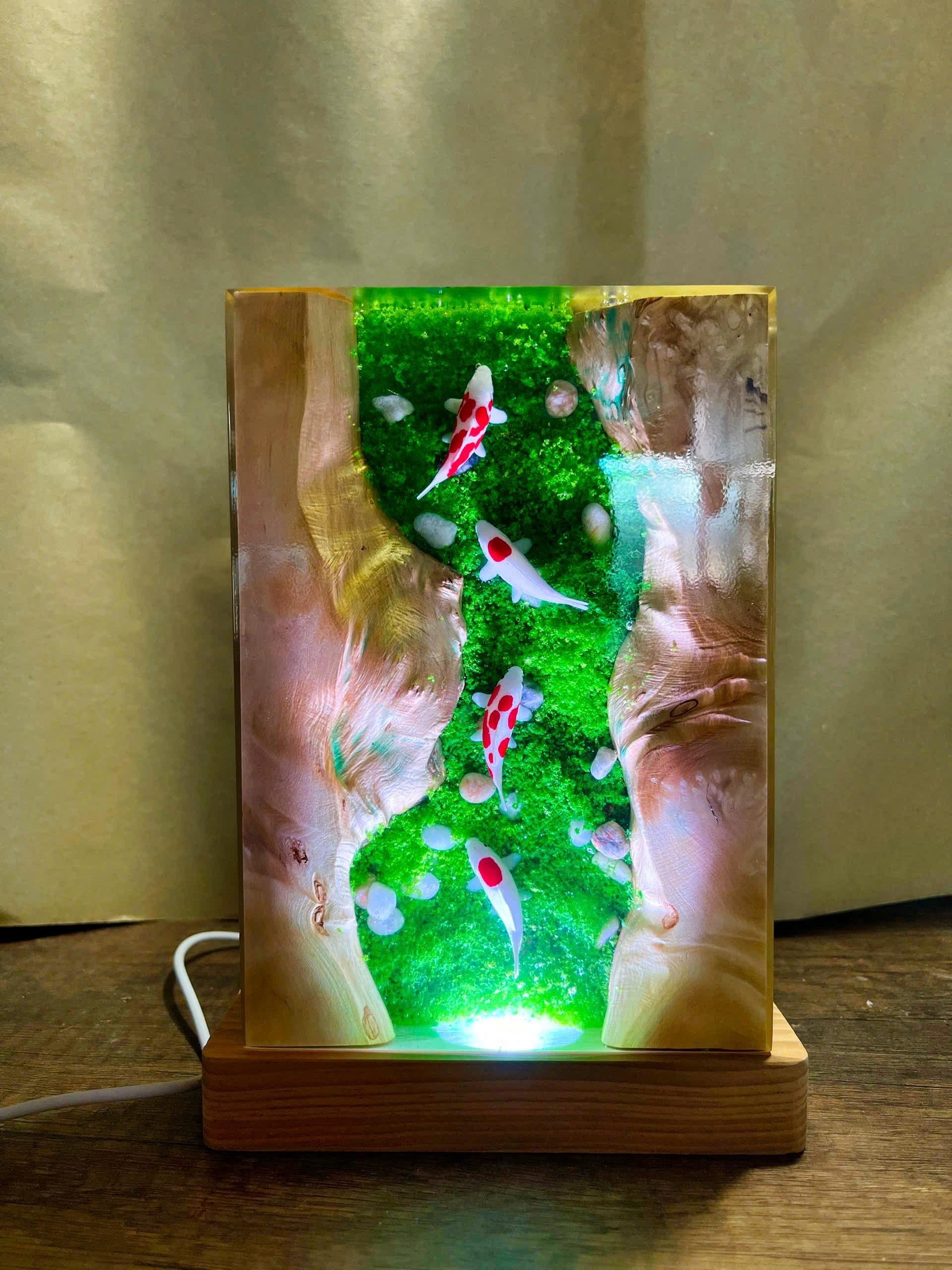 Handmade Resin Koi Fish Lamp: Wood & Epoxy River Decor - Etsy
