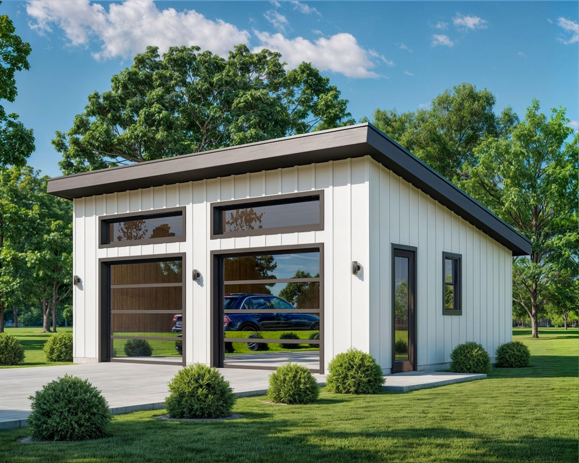 Two Car Garage Plan 24'x28', Detached Shed Roof Garage, 672 Sq Ft, 9 Ft ...