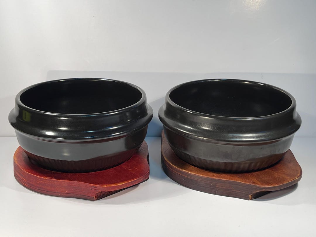 Korean Dolsot Cooking/serving Stone Pot Set of Two With Wooden Stands ...