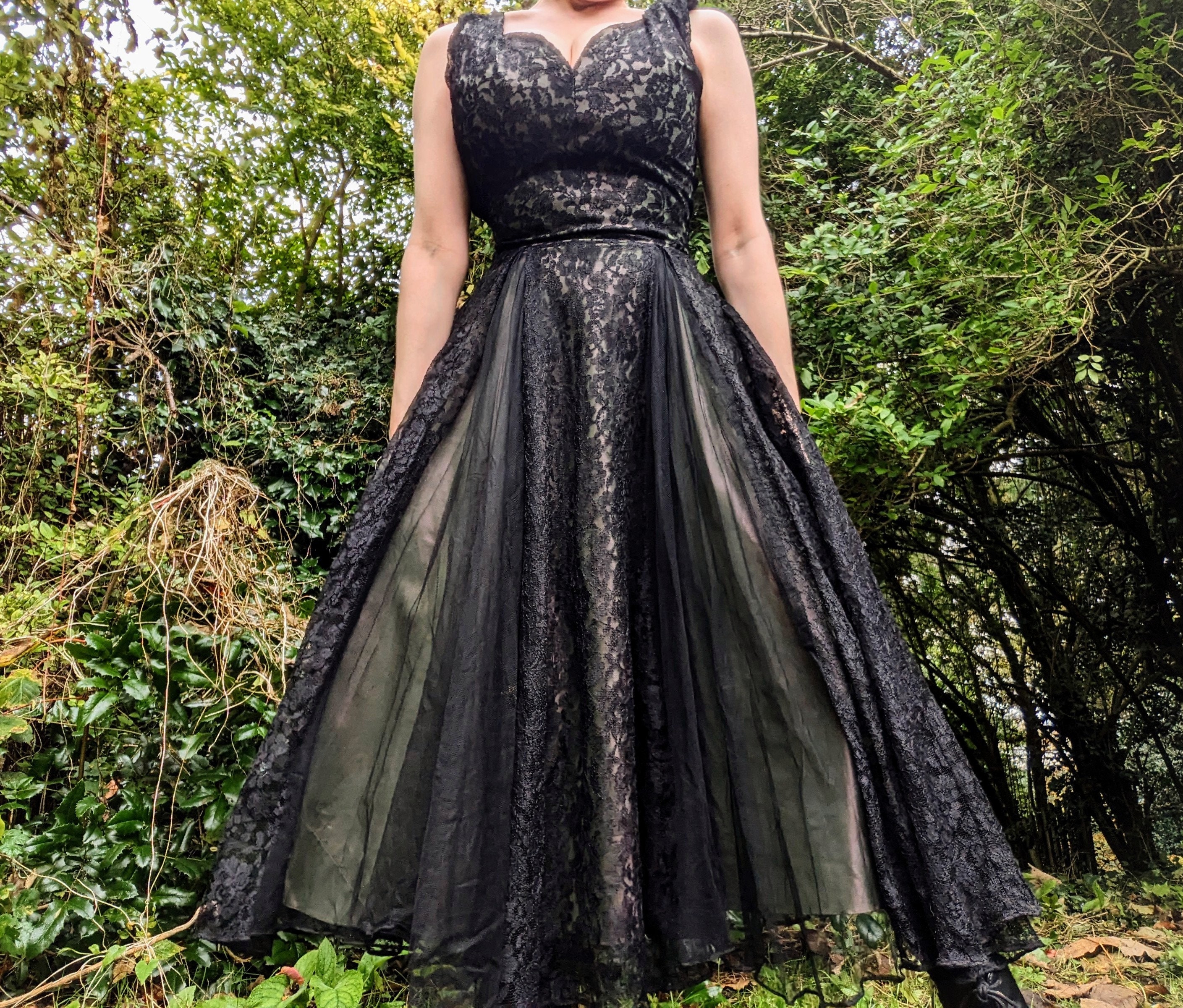 Vintage 1940s 1950s Black Lace Witchy Party Dress. 50s Fit and Flare ...