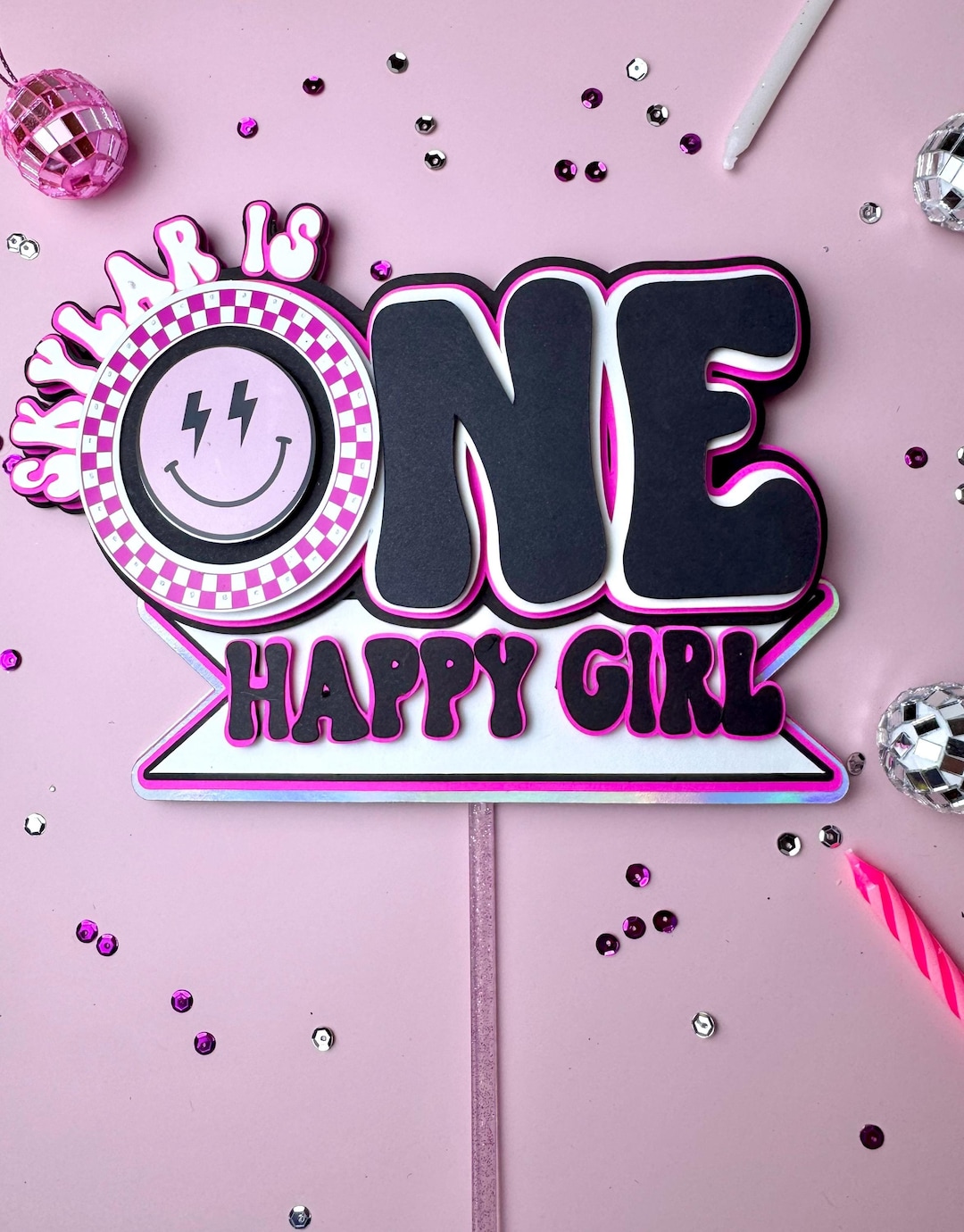 Custom One Happy Babe Cake Topper, Retro Smile Party Decor, Preppy Cake ...