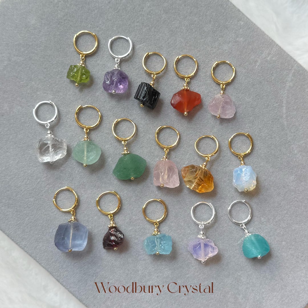 Natural Raw Stone Crystal Hoop Earring | Dainty Sterling Silver Earring ...
