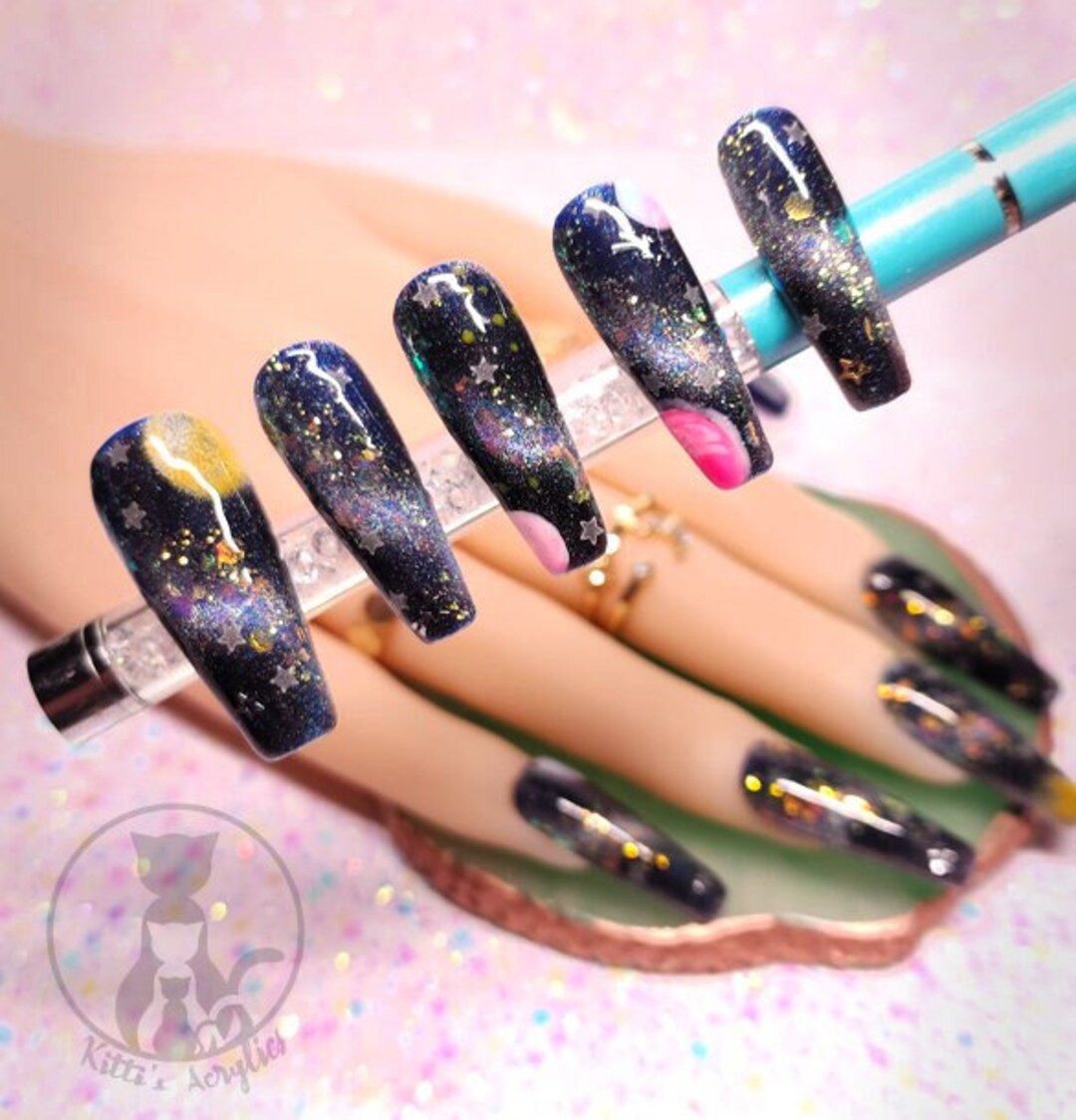 Space Themed Glowing Galaxy and Planets Custom Press on Nails Glue on ...
