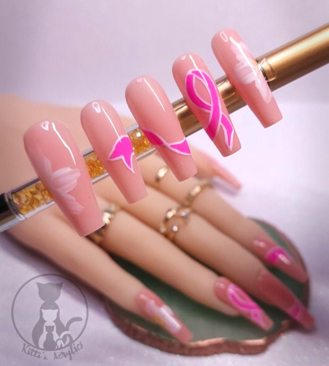 Breast Cancer Awareness Ribbon and Flowers Custom Press on Nails Glue ...