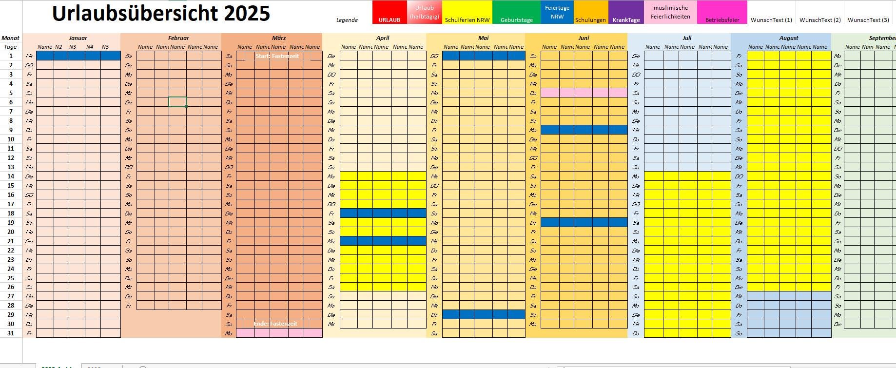 Urlaubsplaner Excel Übersicht für Mitarbeiter und Unternehmen oder ...