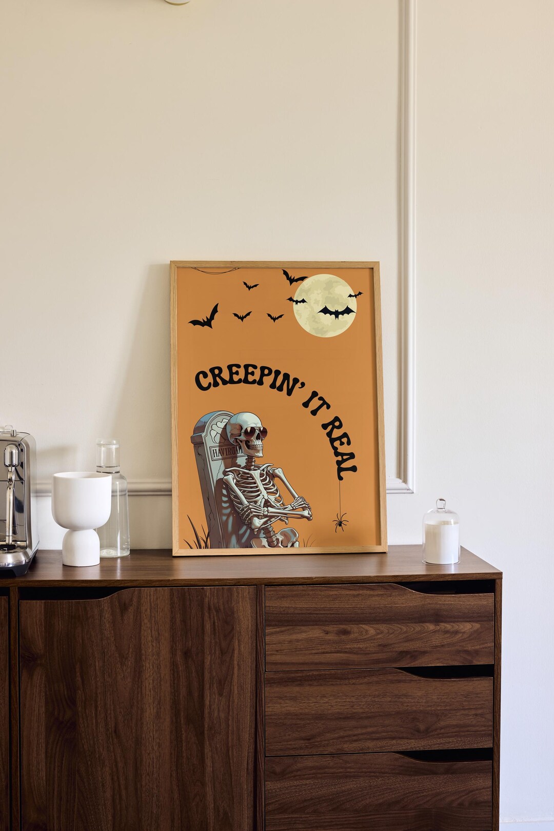 Funny Halloween Skeleton Poster: Creepin' It Real Retro Print (digital ...