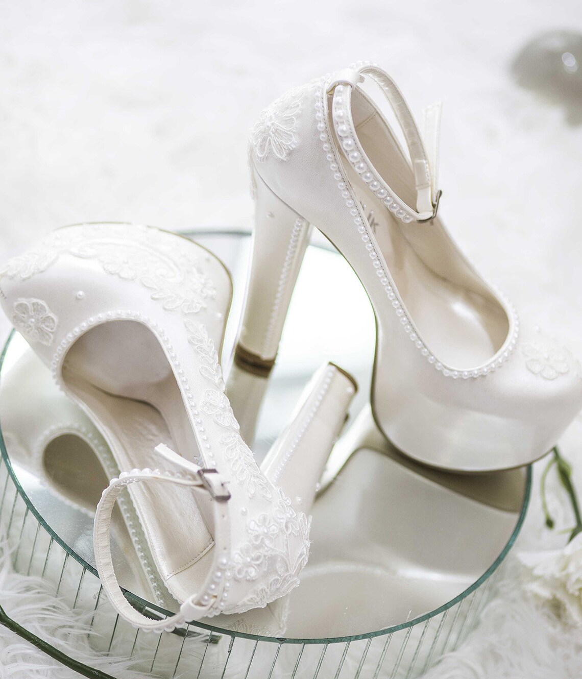 Weddy Luxurious Lace and Pearl Platform Block Heels Bridal | Etsy