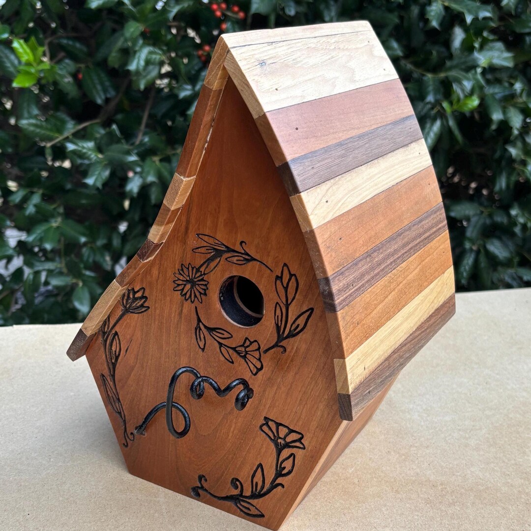 Cherry Wood Birdhouse With Flower Engraving Details - Etsy