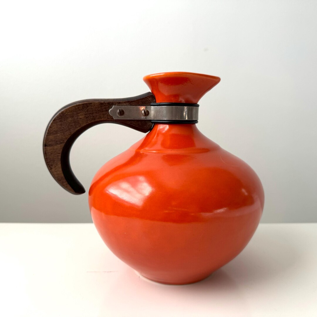 Vintage Ceramic Wood Handled Carafe Orange - Etsy