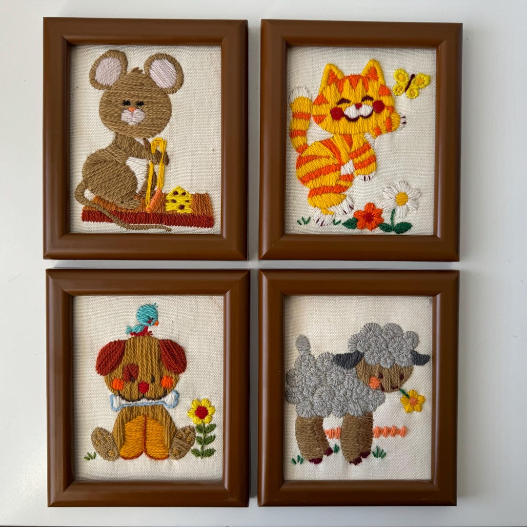 Vintage Animal Crewel Yarn Wall Art Set of 4 - Etsy