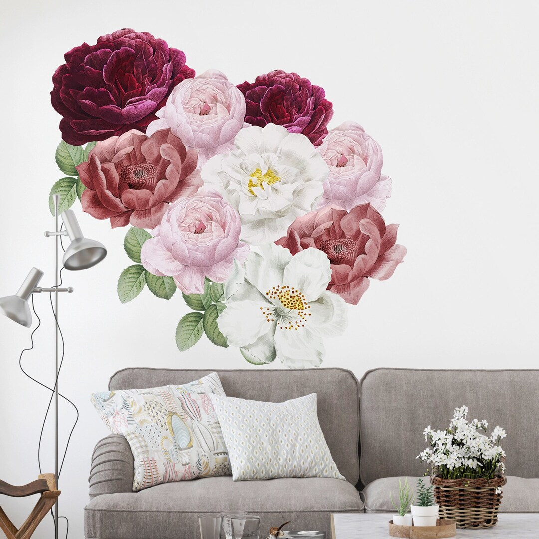 Large Peony Wall Decal, Pink Floral Wall Decal, Peony Flowers Wall ...
