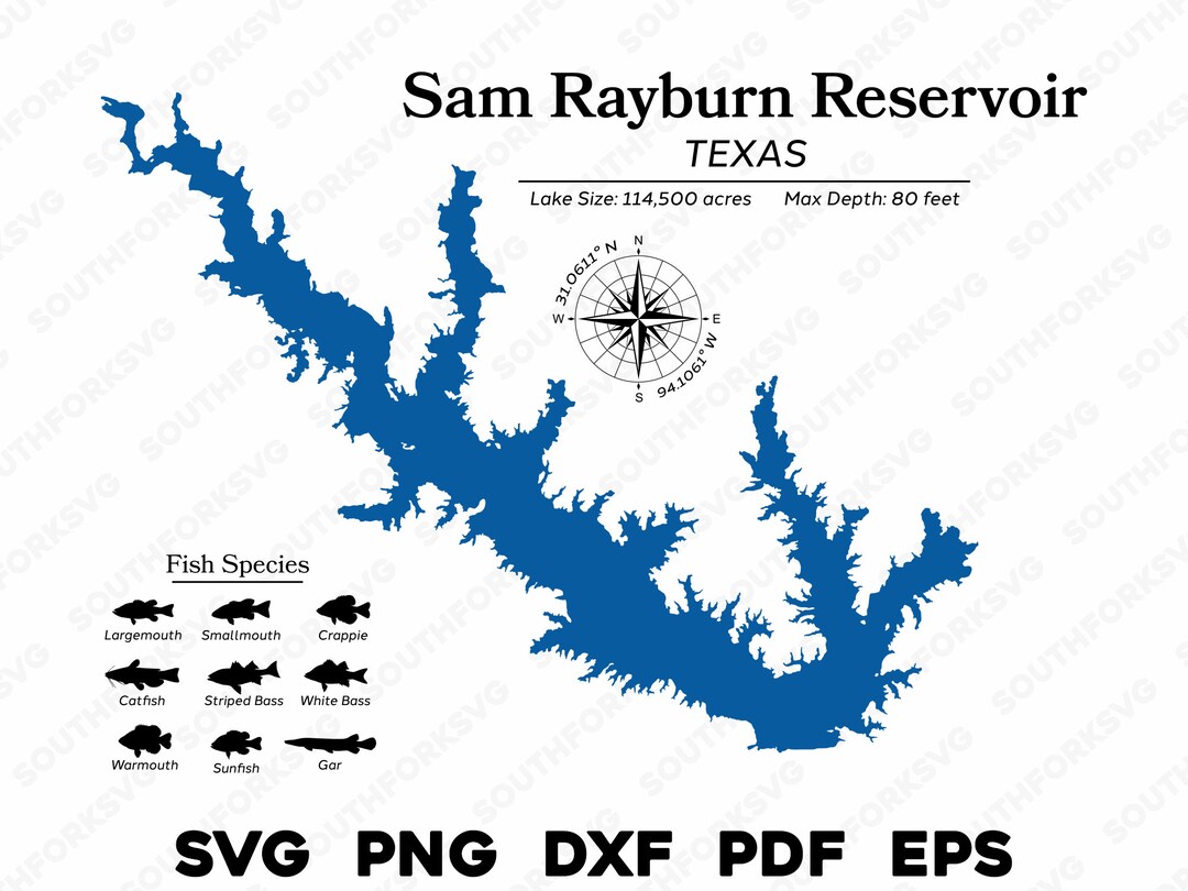 Sam Rayburn Reservoir Texas Map Data Fish Species | Laser Ready CNC ...
