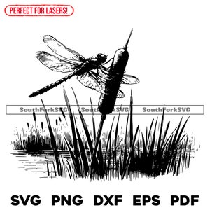 Dragonfly Cattail Scene Laser Engrave Files Svg Png Dxf Eps Pdf Vector ...