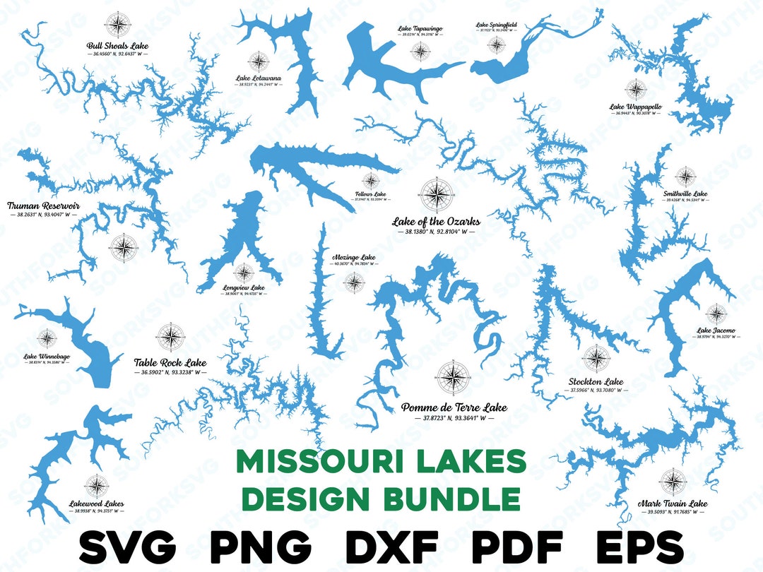 18 Missouri Lake Mega Bundle With Compass & GPS Coordinates | Svg Png ...