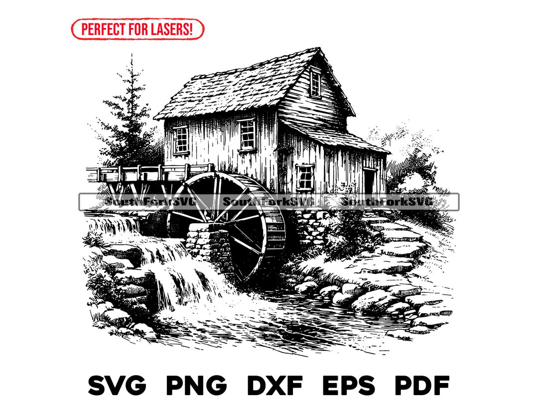 Laser Engrave Files Water Mill by the Creek Svg Png Dxf Eps Pdf Vector ...