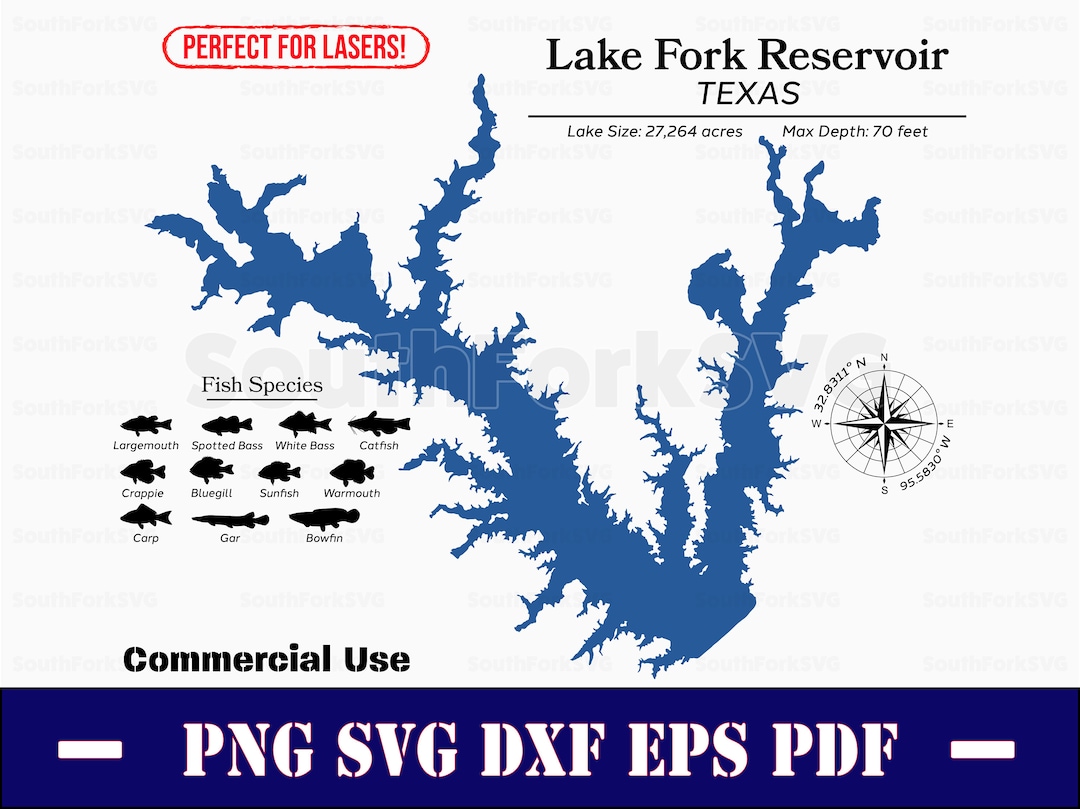 Lake Fork Reservoir Texas Map Data, Fish Species | Laser Ready CNC ...