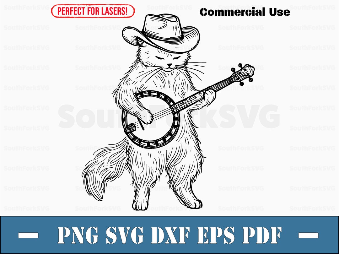 Cat Playing Banjo Svg Png Dxf Eps Pdf | Laser Engrave Cut Print Files ...