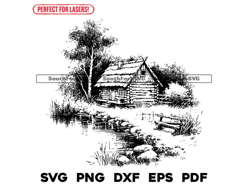 Laser Engrave File Rustic Cabin Svg Png Dxf Eps Pdf Cottage Scene for ...