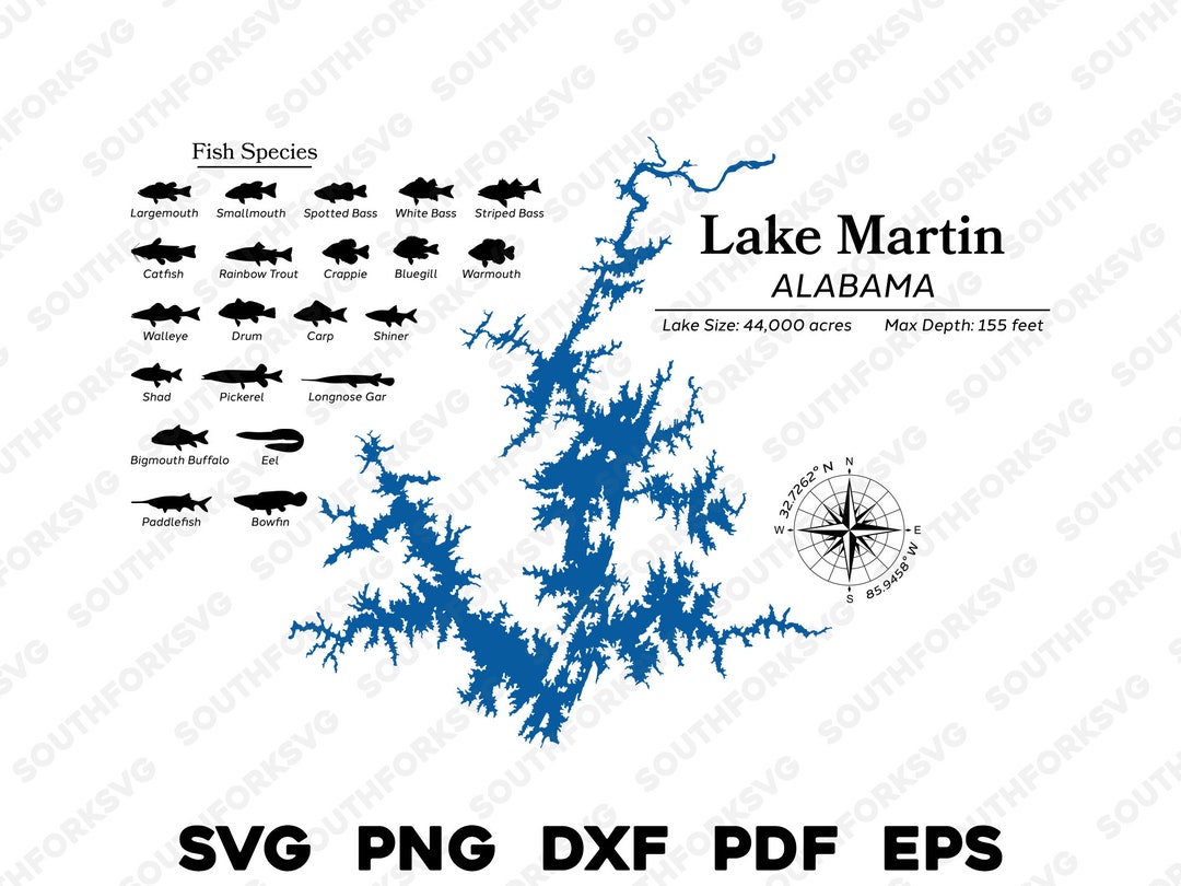 Lake Martin Alabama Map Data, Fish Species | Laser Ready CNC Print Dye ...