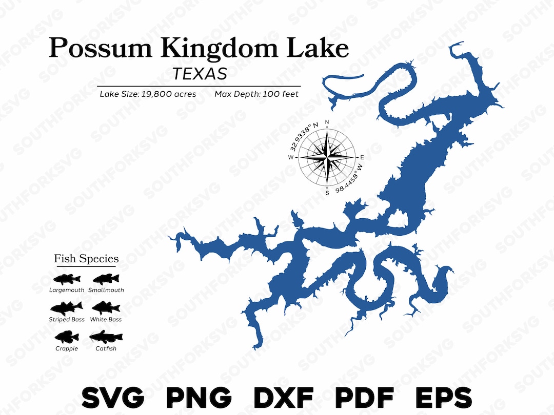 Possum Kingdom Lake Texas Map Data Fish Species | Laser Ready CNC Print ...