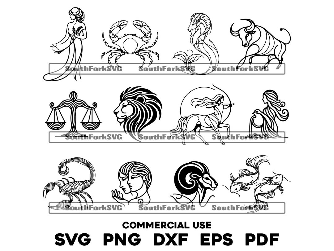 Complete Zodiac Signs Line Art Bundle 2 Svg Png Dxf Pdf Eps | Vector ...
