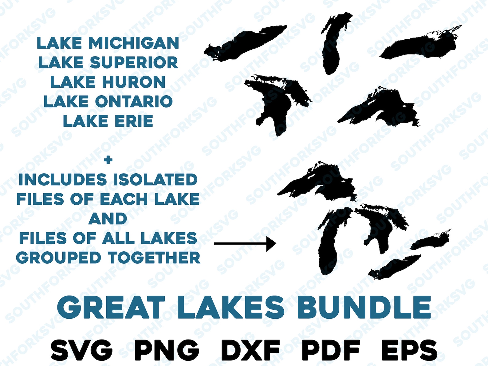 All 5 Great Lakes Bundle Map Shape Silhouette Svg Png Dxf Pdf Eps ...