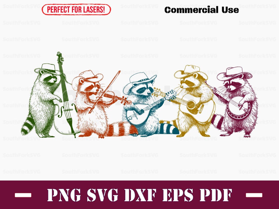 Raccoon Bluegrass Band Color Svg Png Dxf Eps Pdf | Laser Engrave Cut ...
