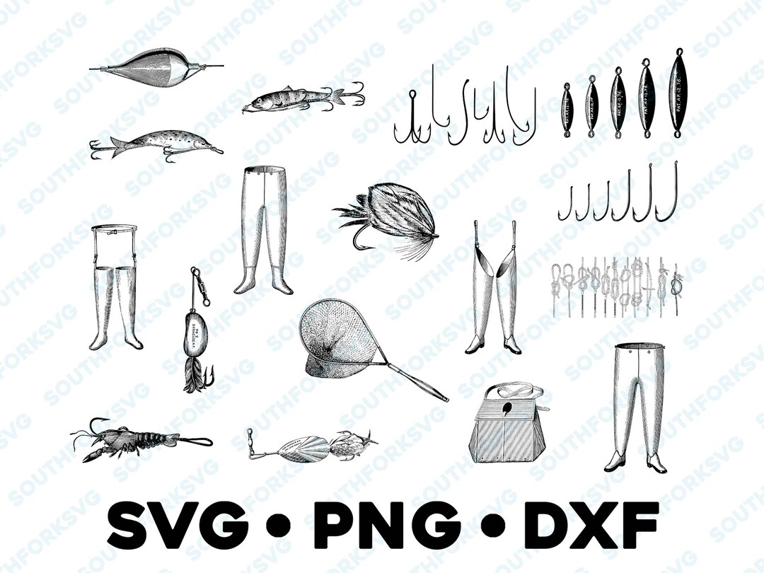 Vintage Fishing Gear Bundle SVG PNG DXF Transparent Vector Graphic ...