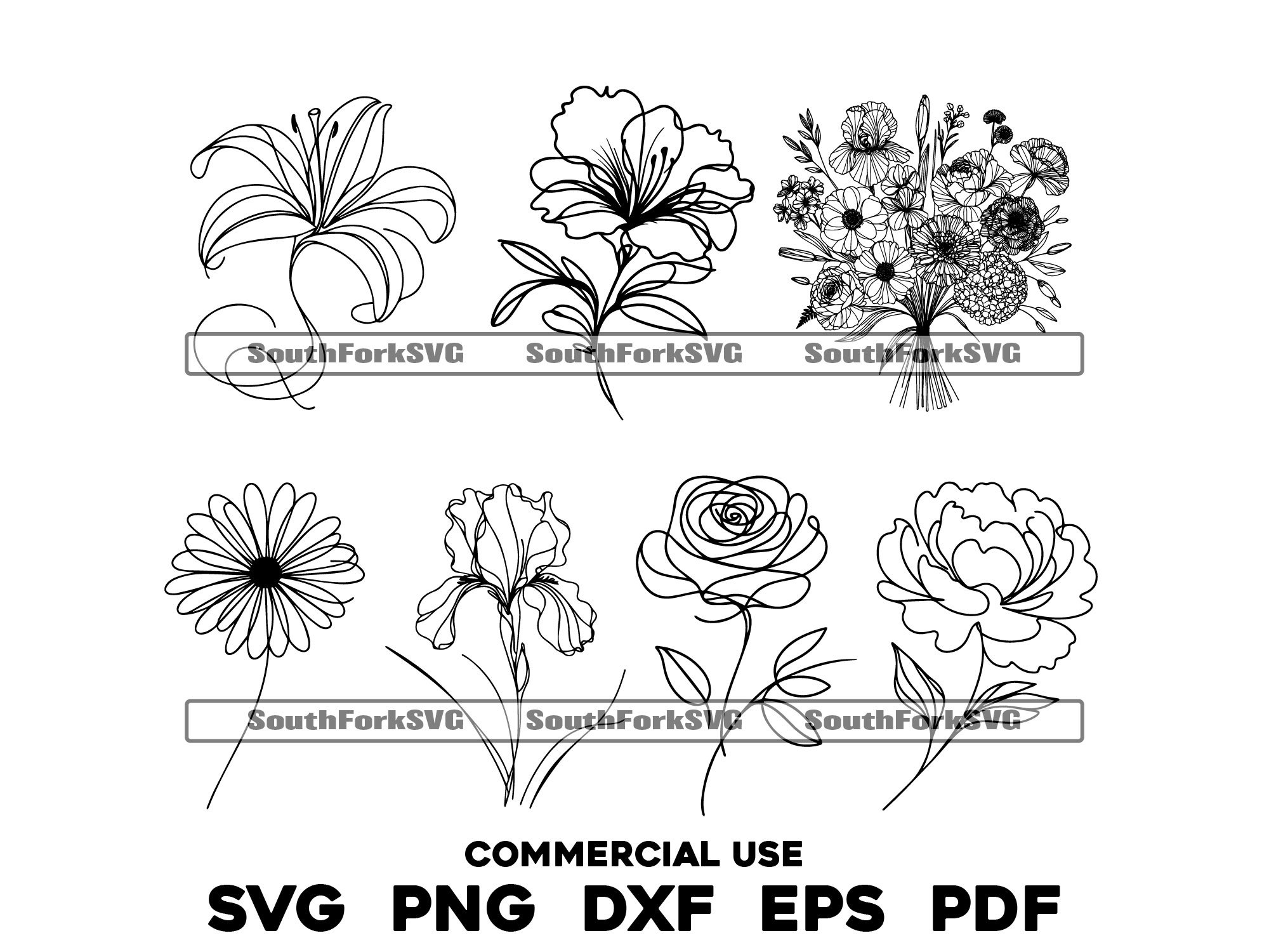 Flower Line Art Bundle Pack Svg Png Dxf Eps Pdf Vector Graphic Cut File ...