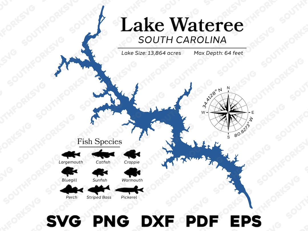Lake Wateree South Carolina Map Data, Fish Species | Laser Ready CNC ...