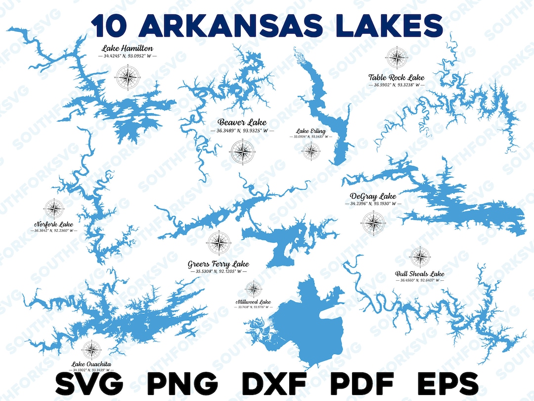 10 Arkansas Lake Maps W/ Compass & GPS Coordinate Mid Size Bundle | Svg ...