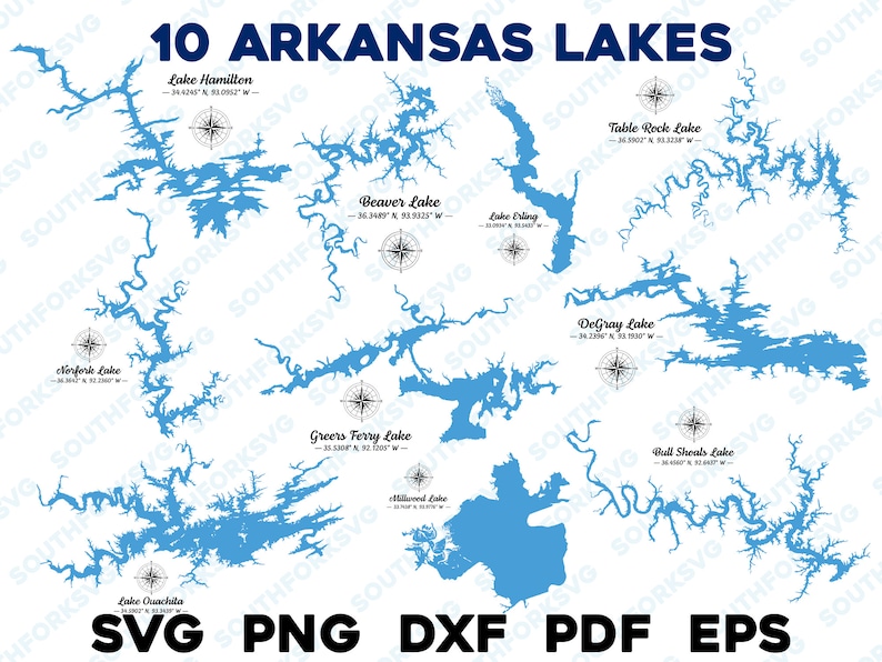 10 Arkansas Lake Maps W/ Compass & GPS Coordinate Mid Size Bundle | Svg ...