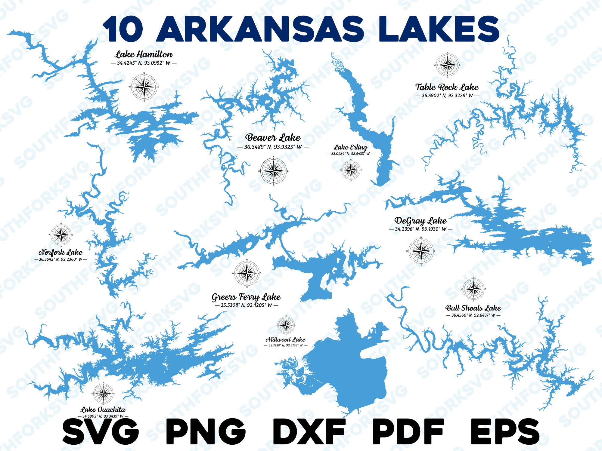 10 Arkansas Lake Maps W/ Compass & GPS Coordinate Mid Size Bundle Svg ...