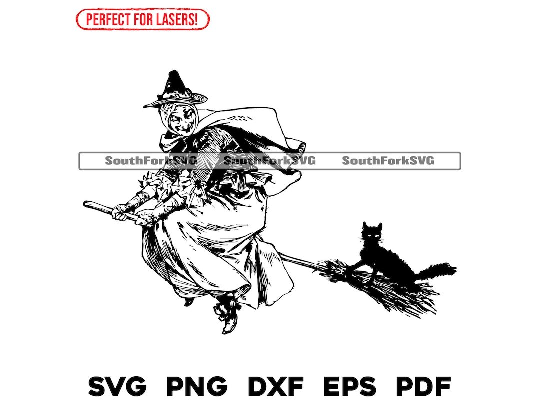 Witch on Broomstick Black Cat Svg Png Dxf Eps Pdf | Vector Graphic Cut ...
