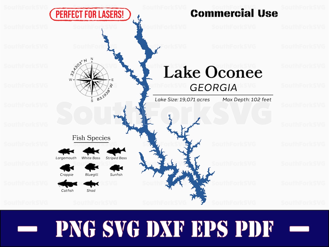 Lake Oconee Georgia Map Data, Fish Species | Laser Ready CNC Print Dye ...