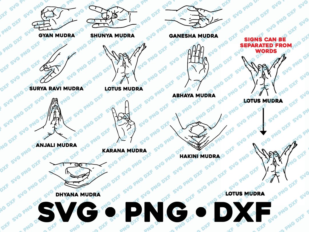 Yoga Mudras Bundle SVG PNG DXF Cut File for Silhouette Cameo Hand ...