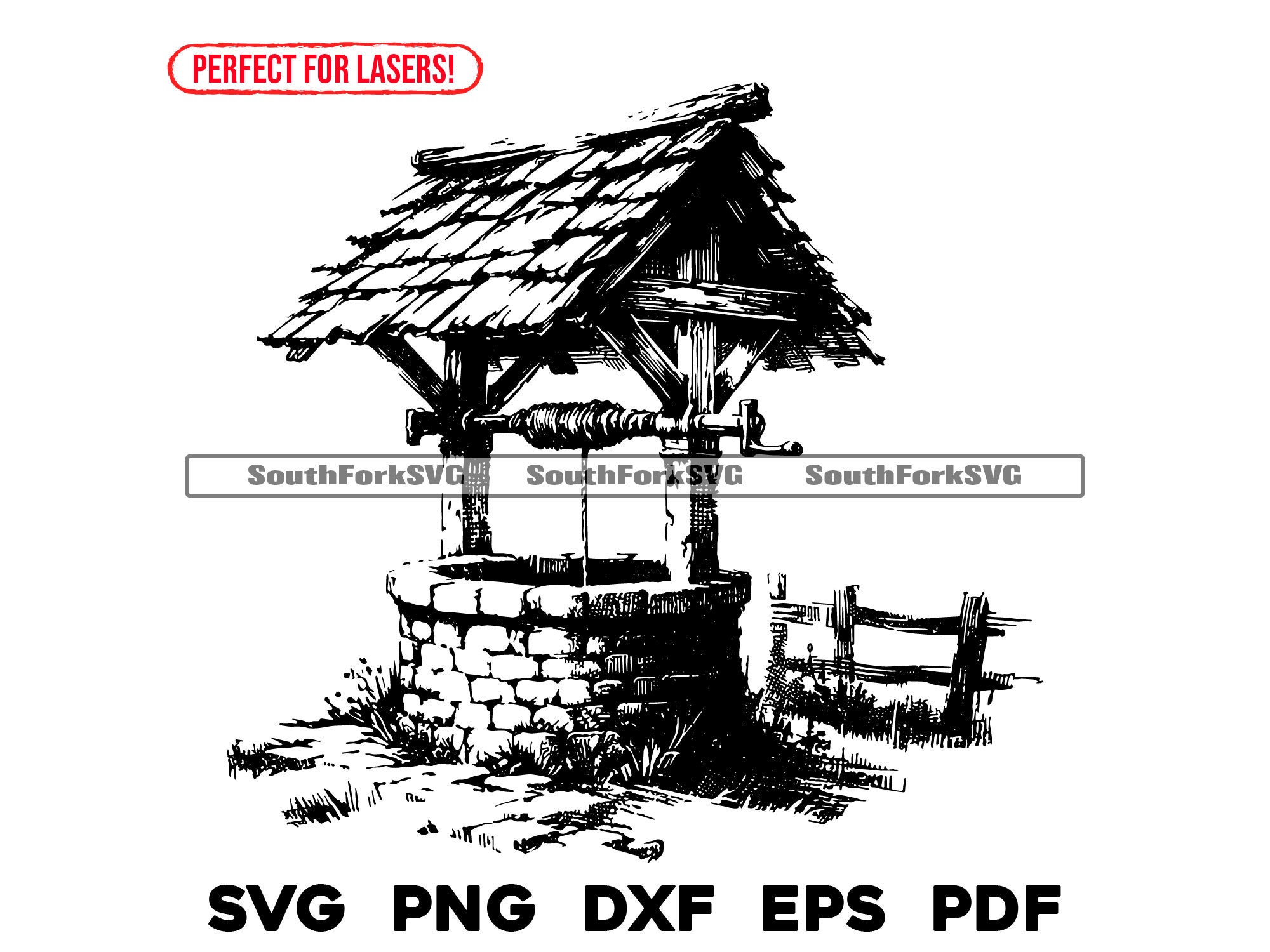 Laser Engrave Files Rustic Wishing Well Scene Svg Png Dxf Eps Pdf ...