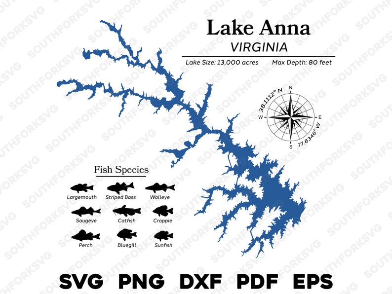 Lake Anna Virginia Map Data, Fish Species | Laser Ready CNC Print Dye ...