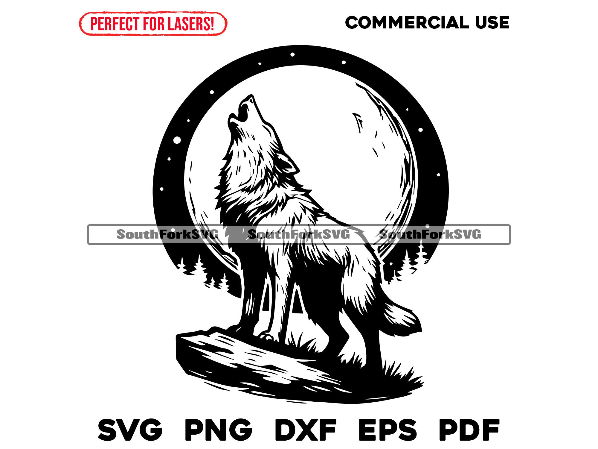 Wolf Howling at the Moon Svg Png Dxf Eps Pdf Vector Graphic Cut Print ...