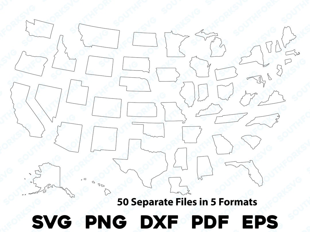 Simple 50 USA States Individual Outlines Shapes Svg Png Dxf Pdf Eps ...