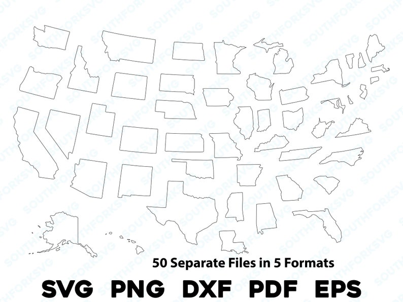 Simple 50 USA States Individual Outlines Shapes Svg Png Dxf Pdf Eps ...